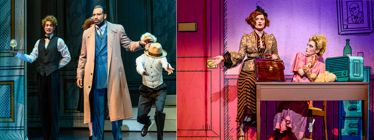 Colourful printed backdrops splashing from the stage at Annie, the musical.